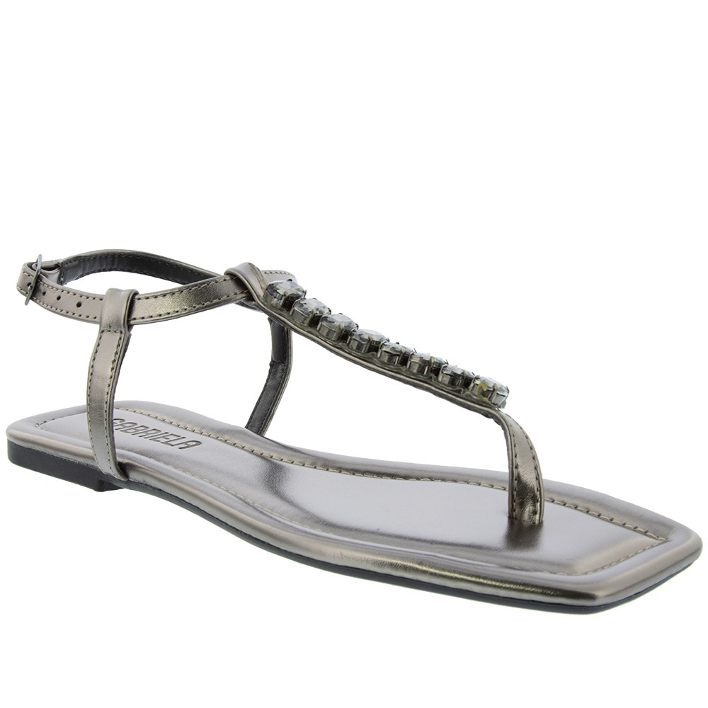 Sandália Rasteira Gabriela Tira Pedraria Metalizada Prata