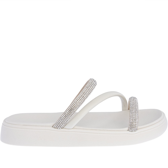 Rasteira Papete Moleca Flat Tiras Strass Branco